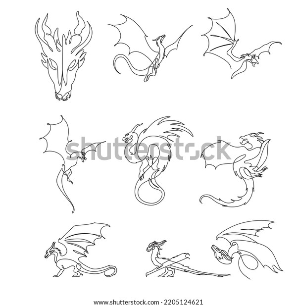 Dragon Line Drawing Set On White Stock Vector (Royalty Free) 2205124621 ...