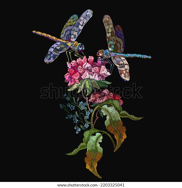 Dragonflies Red Geranium Flowers Botany Embroidery Stock Vector ...