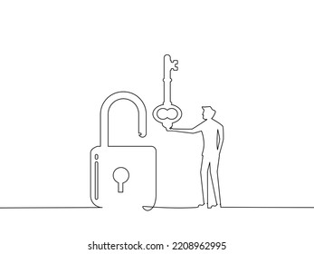 Draw Continuous Line People Unlocking Padlock Stock Vector (Royalty ...