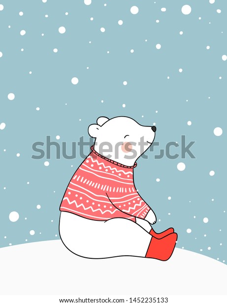 Draw illustration bear with red sweater sitting in snow for Christmas ...