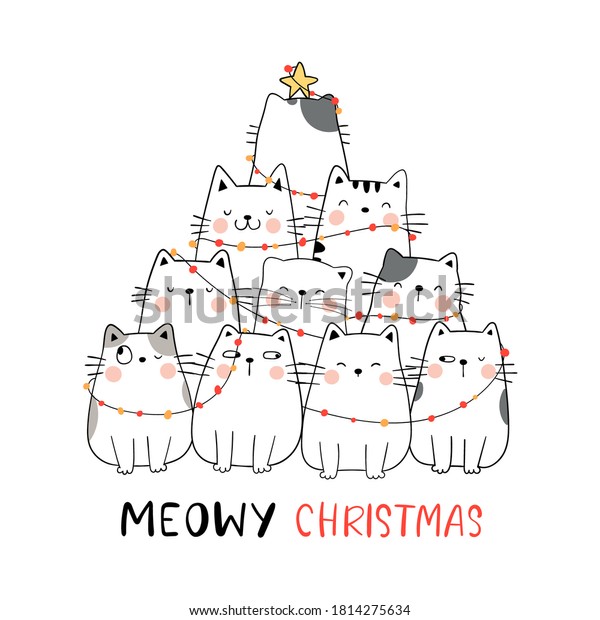 Draw vector illustration character design cute cat Christmas tree For ...