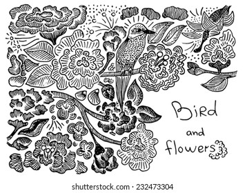 Drawing Flowers Bird Stock Vector (Royalty Free) 232473304 | Shutterstock