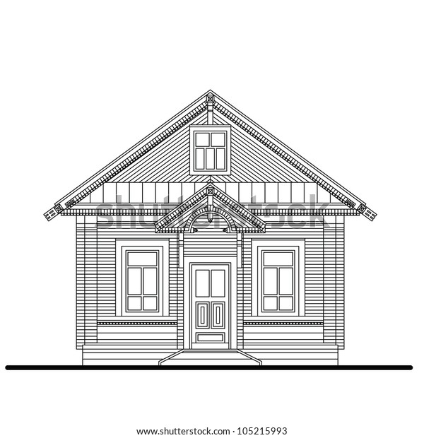 Drawing of a front facade of small wooden house with entrance