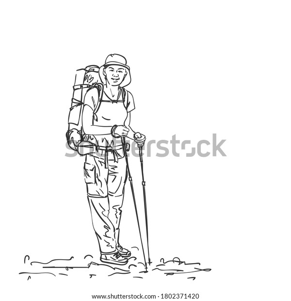 Drawing Girl Backpacker Hiker Vector Sketch Stock Vector (Royalty Free ...