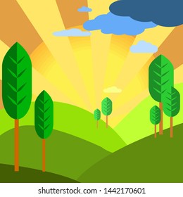 Drawing Green Fields Trees Sunrise Stock Vector (Royalty Free ...