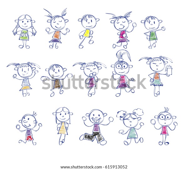 Vektor Stok Drawing Little Children Doodle Different Poses (Tanpa ...
