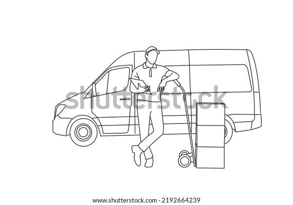 Drawing Male Courier Delivery Van Boxes Stock Vector (Royalty Free ...