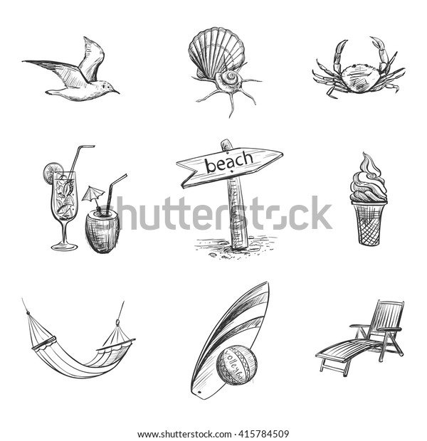 Drawing Set Icons On Beach Sea Stock Vector (Royalty Free) 415784509 ...