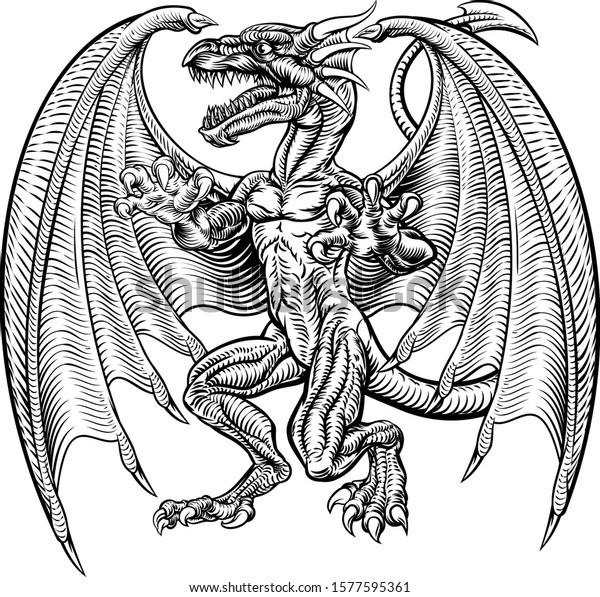 Drawing Winged Dragon Fantasy Monster Grunge Stock Vector (Royalty Free ...