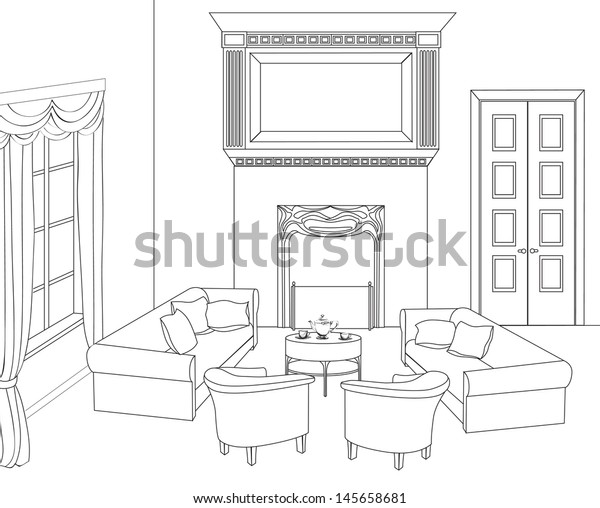 Drawingroom Editable Vector Illustration Outline Sketch Stock Vector ...