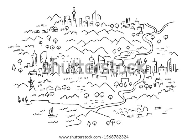 Drawn Map Area Cartoon City Mountain Stock Vector (Royalty Free ...