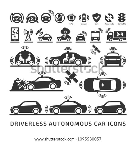 Driverless Autonomous Car Icons Set Selfdriving Stock Vector (Royalty ...