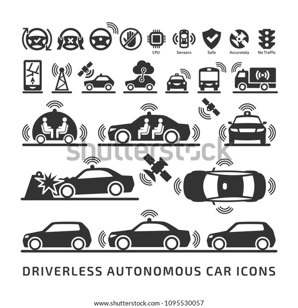 Driverless Autonomous Car Icons Set Selfdriving Stock Vector (Royalty ...