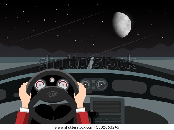 Driving Car On Night Empty Road Stock Vector (Royalty Free) 1302868246 ...
