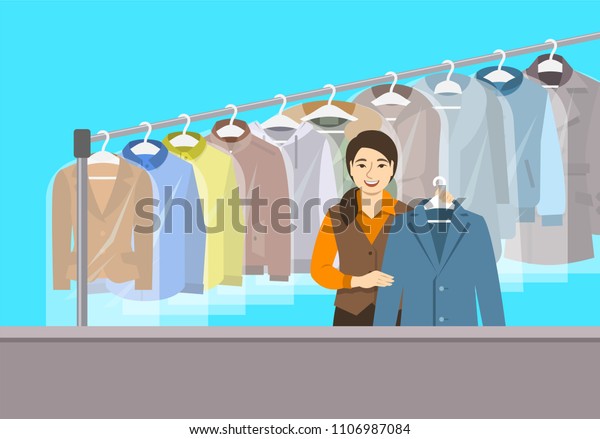 Dry Cleaning Shop Interior Asian Girl Stock Vector (Royalty Free ...
