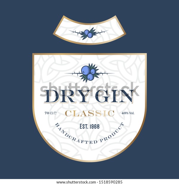 Dry Gin label. Juniper berries with leaves and thorns. Classic letters ...