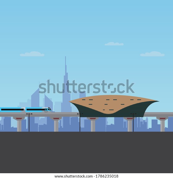 Vektor Stok Dubai Metro Station Train Skyline (Tanpa Royalti) 1786235018