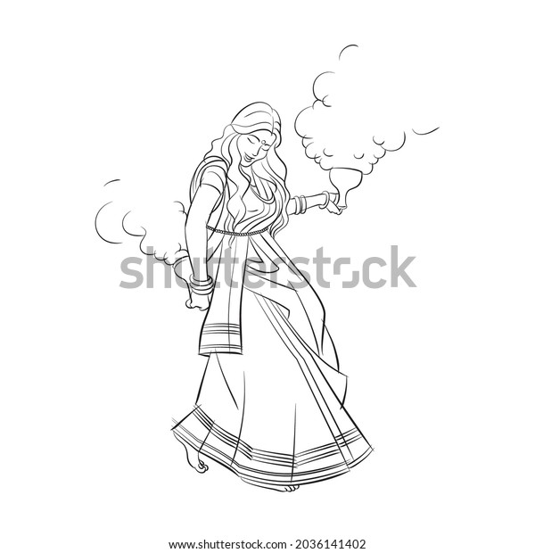 Vektor Stok Durga Puja Dhunuchi Naach Line Drawing (Tanpa Royalti ...