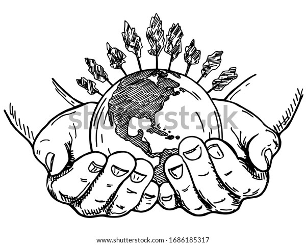 Earth Hands Sketch Style Two Palms Stock Vector (Royalty Free ...