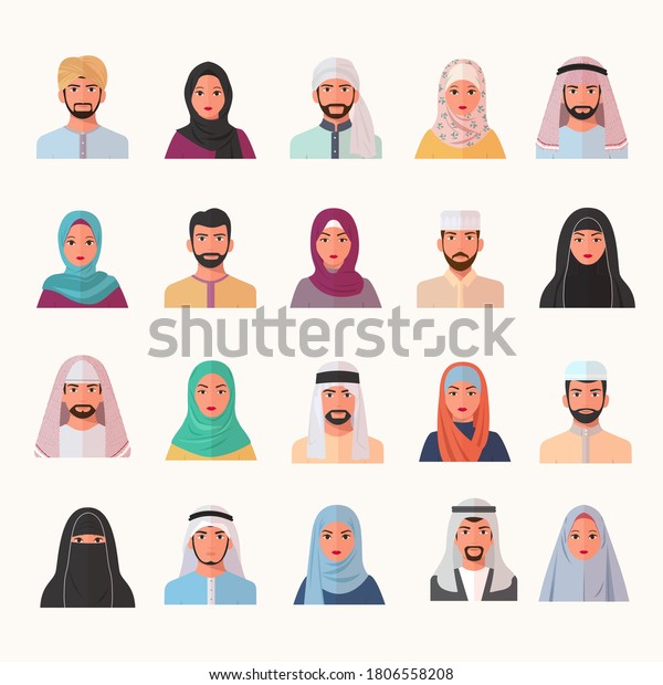 Eastern Muslim Characters Avatars Set Smiling Stock Vector (Royalty ...