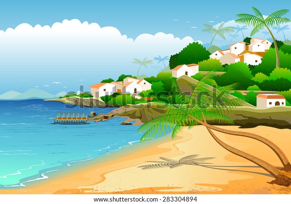 Easy Edit Vector Illustration Sea Beach Stock Vector (Royalty Free ...