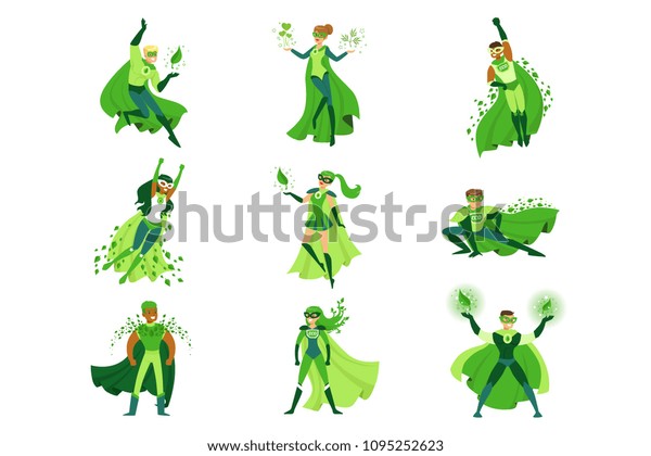 ECO superhero characters set, young men and women in different poses ...
