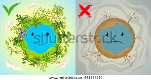 Ecology Cartoon Comparative Concept Clean Planet 스톡 벡터(로열티 프리 ...