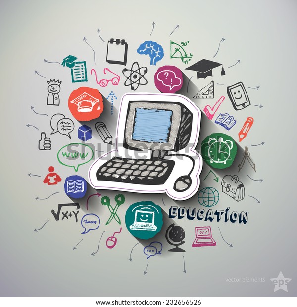 Collage educativo con iconos de fondo. Ilustración del vector