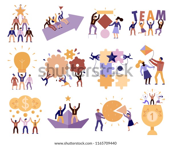 Effective teamwork in workplace 12 cartoon compositions of successful ...