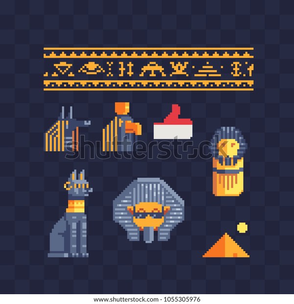 Egyptian theme pixel art flat style icon set. Anubis head god of egypt character, pyramid ...