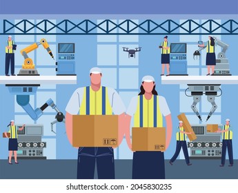 Eight Production Workers Characters Scene Stock Vector (Royalty Free ...