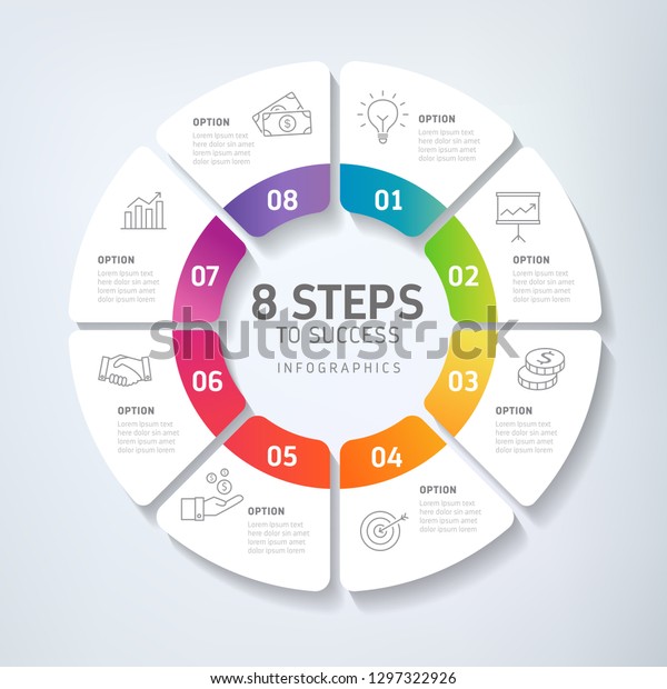 Eight steps infographics - can illustrate a strategy, workflow, team ...