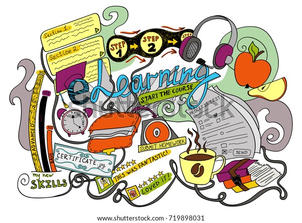Elearning Doodle Letteringonline Stuldy Concept Life Stock Vector ...