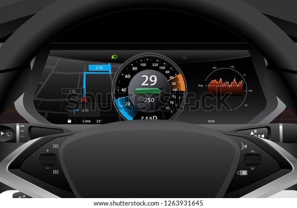 Electric Car Dashboard Display Closeup Speedometer Stock Vector ...