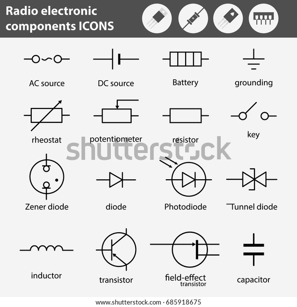 Electronic and radio components vector icon set in flat style