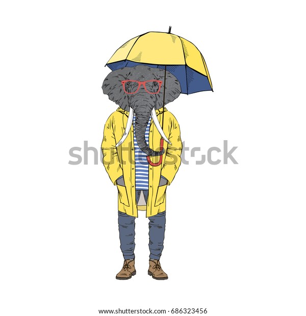 Elephant Dressed Yellow Raincoat Furry Art 库存矢量图（免版税）686323456 ...