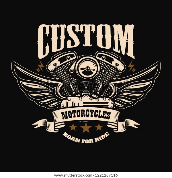 Emblem template with winged motorcycle motor. Design element for poster ...