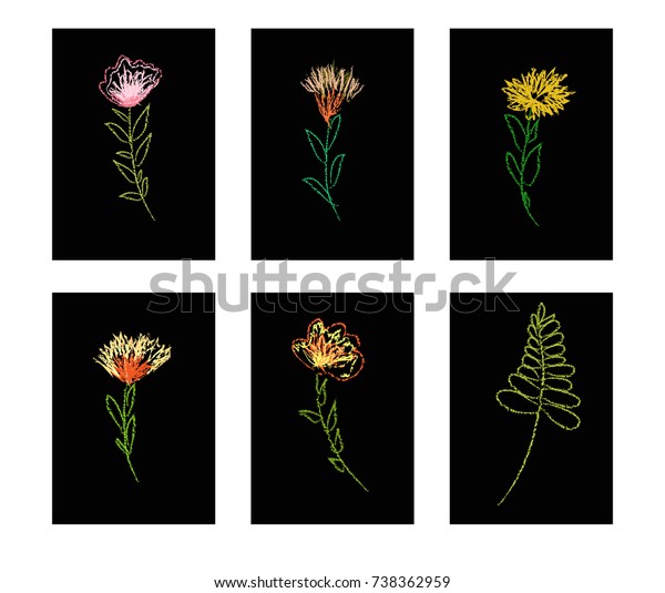 Embroidered Effect Flower Drawings Posters Cards Stock Vector (Royalty ...