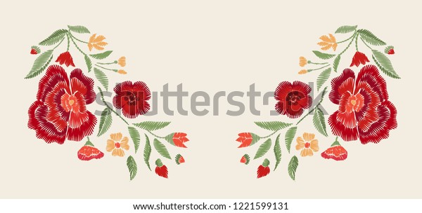 Embroidered Red Flowers Vector Floral Print Stock Vector (Royalty Free ...