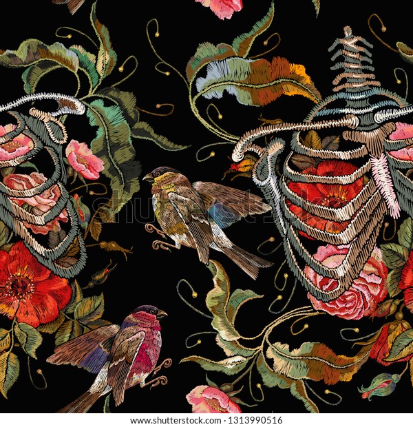 Embroidery Human Rib Cage Red Roses Stock Vector (Royalty Free ...