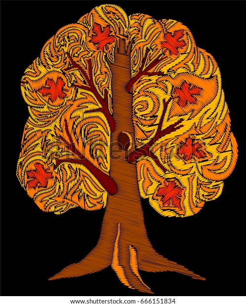 Embroidery Maple Tree Red Leaves Isolated Stock Vector (Royalty Free ...