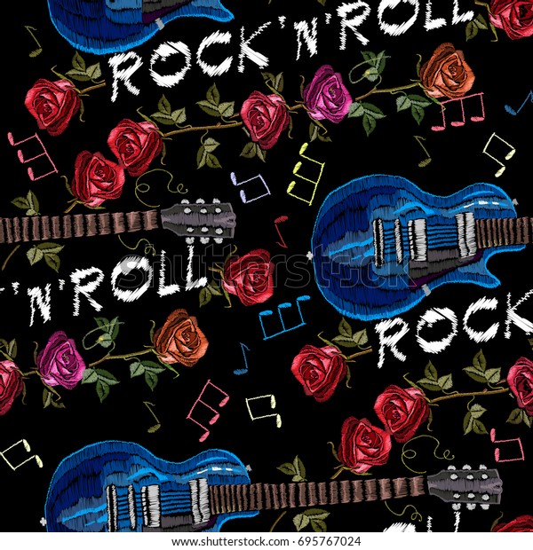 Embroidery Music Seamless Pattern Rock Guitar Stock Vector (Royalty ...
