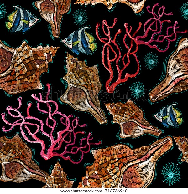 Embroidery sea life, sea shells, corals, tropical fishes seamless ...