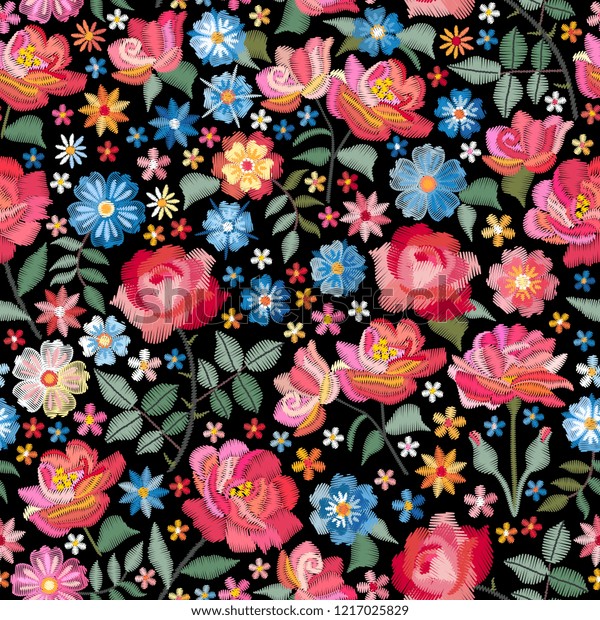Embroidery Seamless Pattern Beautiful Flowers Bright Stock Vector ...