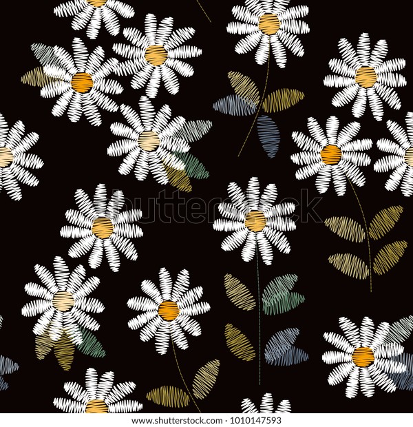 Embroidery Seamless Pattern White Daisies On Stock Vector (Royalty Free ...