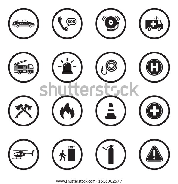Emergency Icons. Black Flat Design In Circle. Vector Illustration.