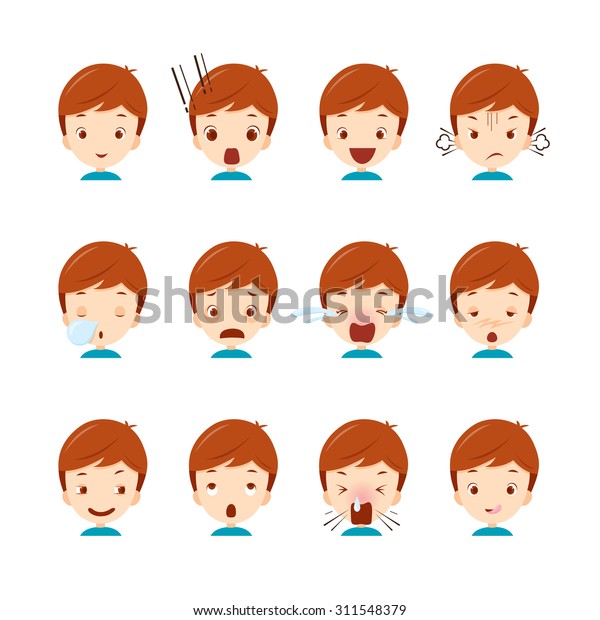 Emoticon icons set of cute boy with various emotions, emoji, facial ...