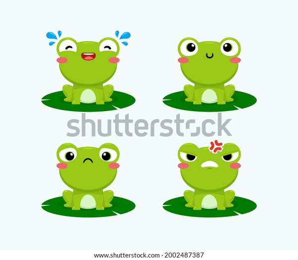 Vektor Stok Emoticon Set Cute Green Frog Vector (Tanpa Royalti ...