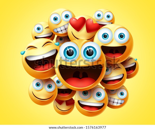 Emoticons group vector design. Emoticon cute faces group in excited ...