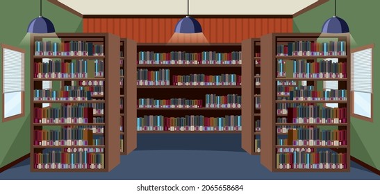 Empty Library Interior Design Bookshelves Illustration Stock Vector ...